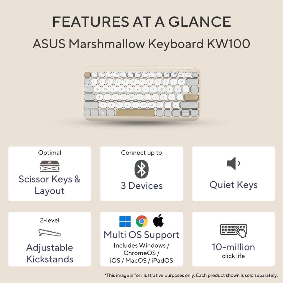 ASUS Marshmallow KW100 Bluetooth Laptop-size Multi-device Keyboard ...