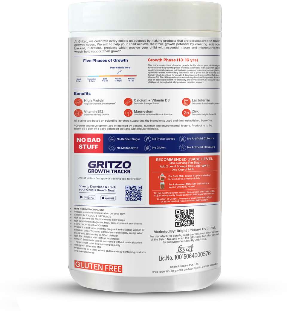 Gritzo SuperMilk Growth+ (Formerly Height+) (13+y Boys), 13g Protein ...