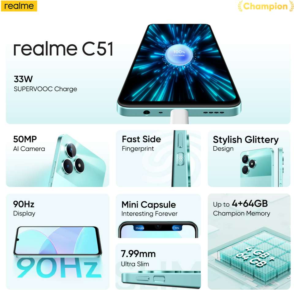 Realme C51 (Carbon Black, 64 GB) (4 GB RAM)