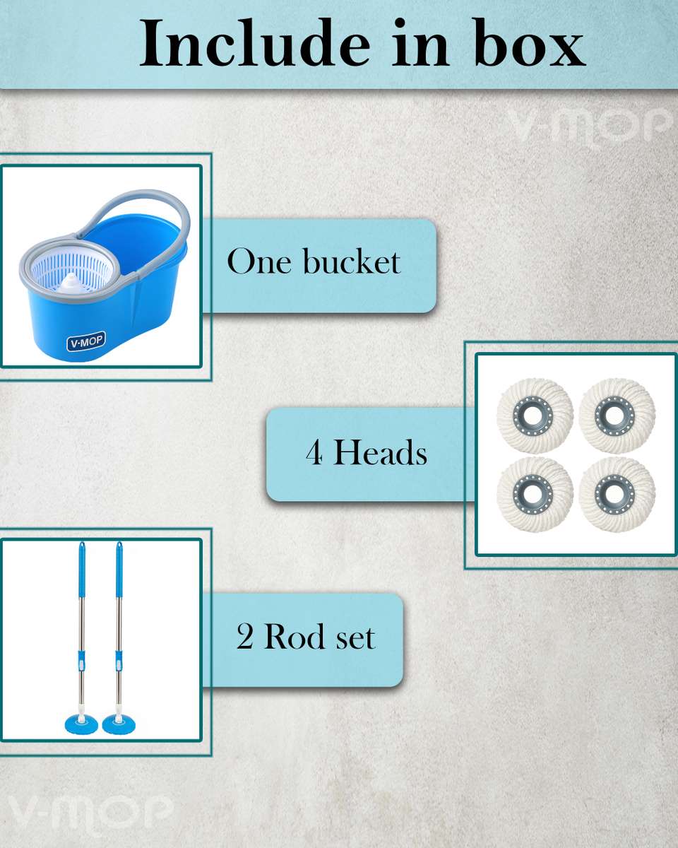 V-MOP Premium Blue Spin magic Bucket Mop With 2 Rod & 4 Refills for ...