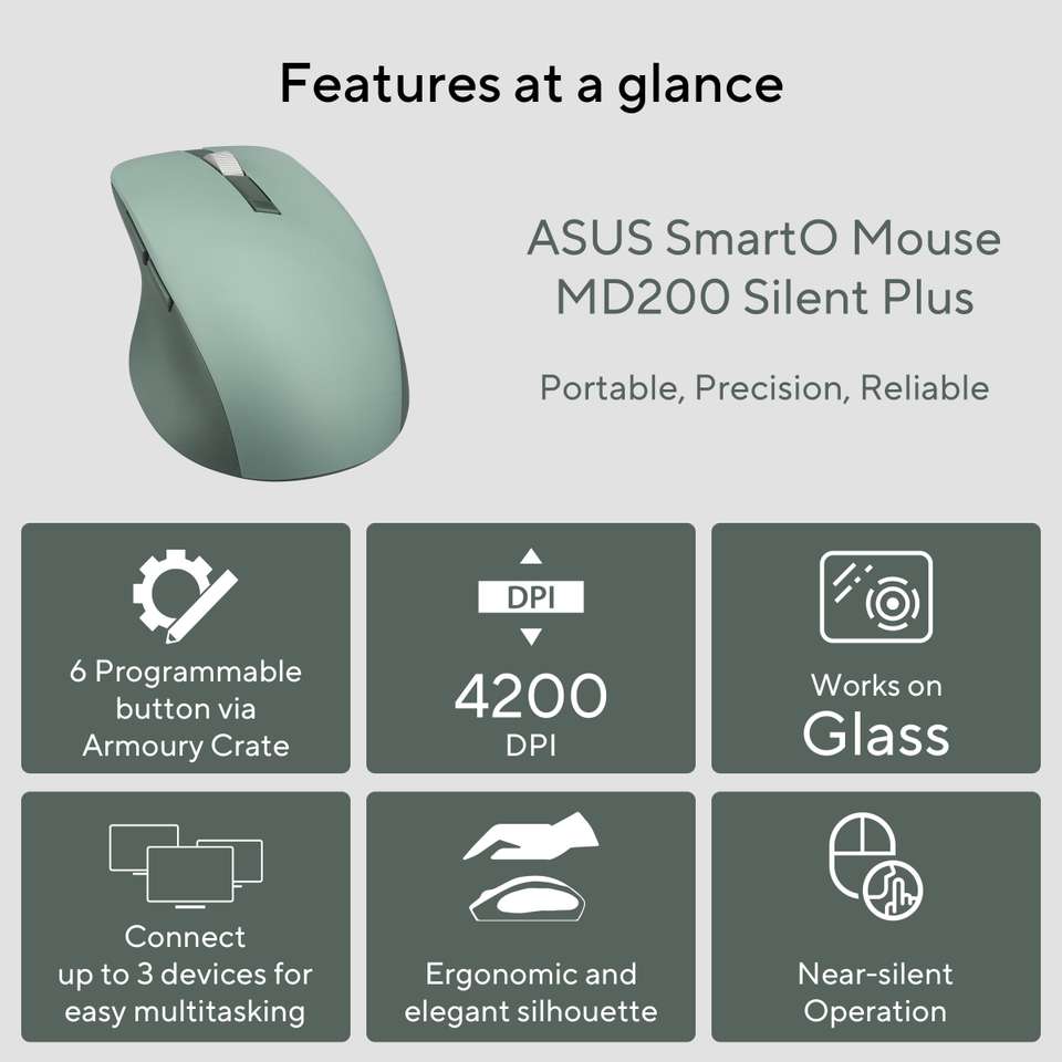 ASUS SmartO MD200 Ambidextrous Optical Mouse 4200 DPI, 3 Device Support ...
