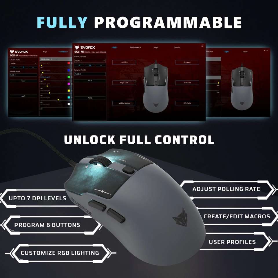 EVOFOX Ghost Air Programmable Gaming Mouse with Pixart Sensor, RGB and ...