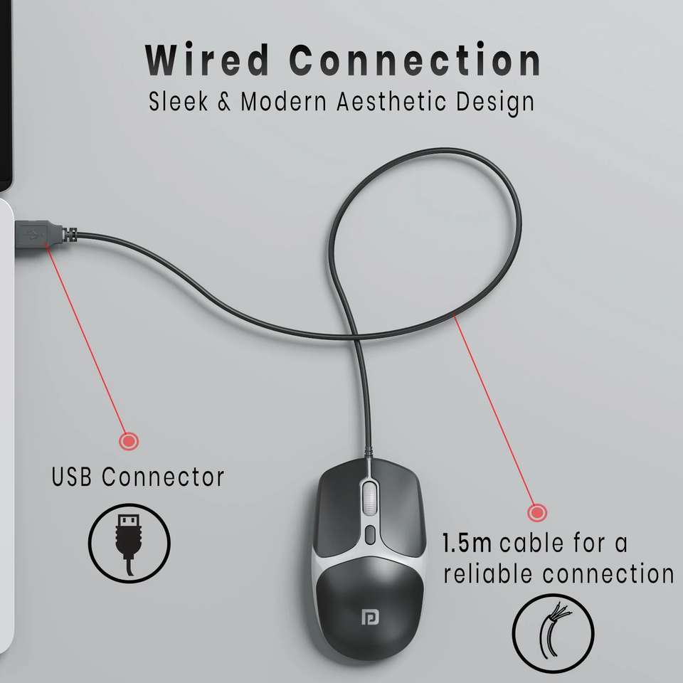 Portronics Toad 103 Wired Ergonomic Optical Mouse with 2400 DPI, Plug ...