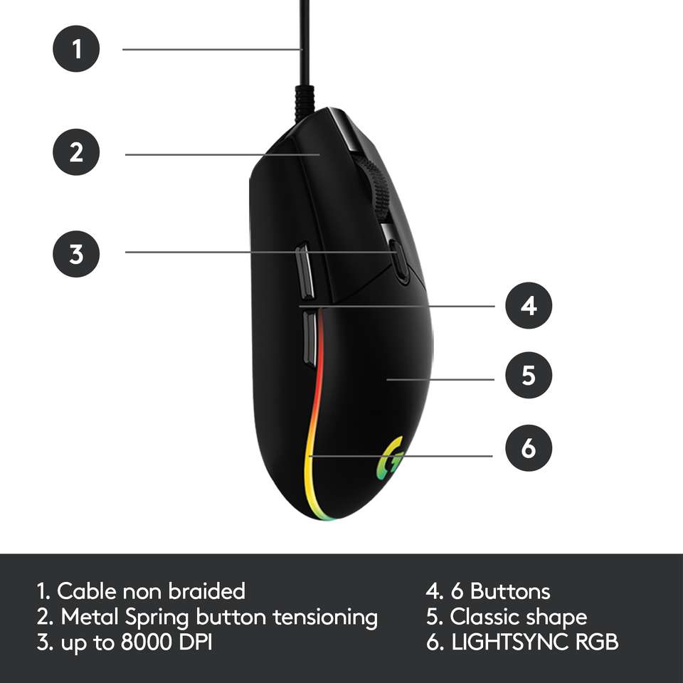 Logitech G102 Wired Ambidextrous Optical Gaming Mouse Light Sync / Adj ...