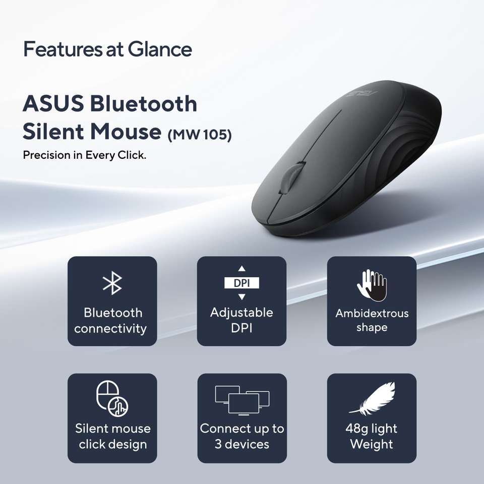 ASUS Bluetooth Silent Mouse MW105, 1600 DPI, Upto 3 Device Support ...