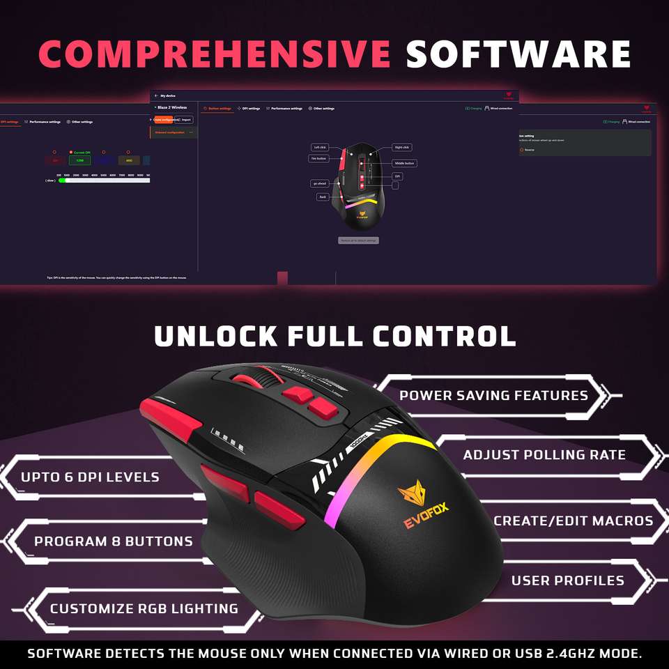 EVOFOX Blaze 2 Wireless Ergonomic Optical Gaming Mouse Tri-Mode 12800 ...