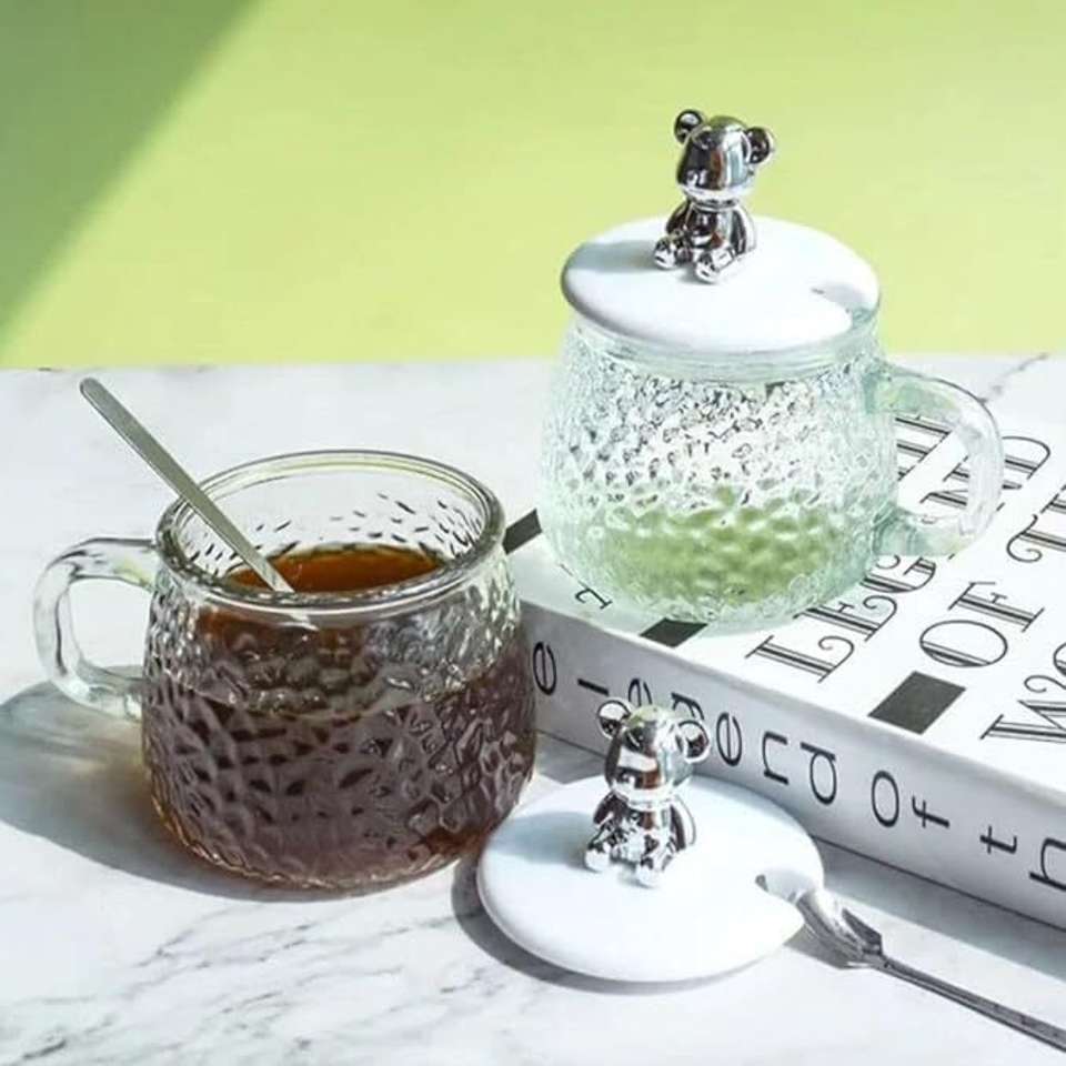 ZROY ENTERPRISE Textured Glass Coffee with Cute Bear Lid & Spoon Glass ...