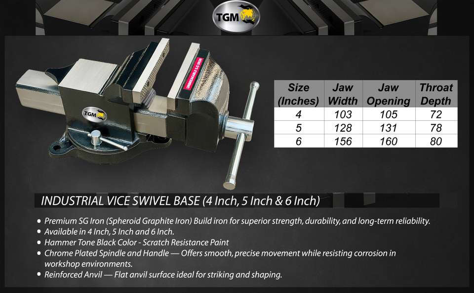 TGM METALLICS Industrial Bench Vice 150MM Swivel Base SG Iron 6 Inch ...
