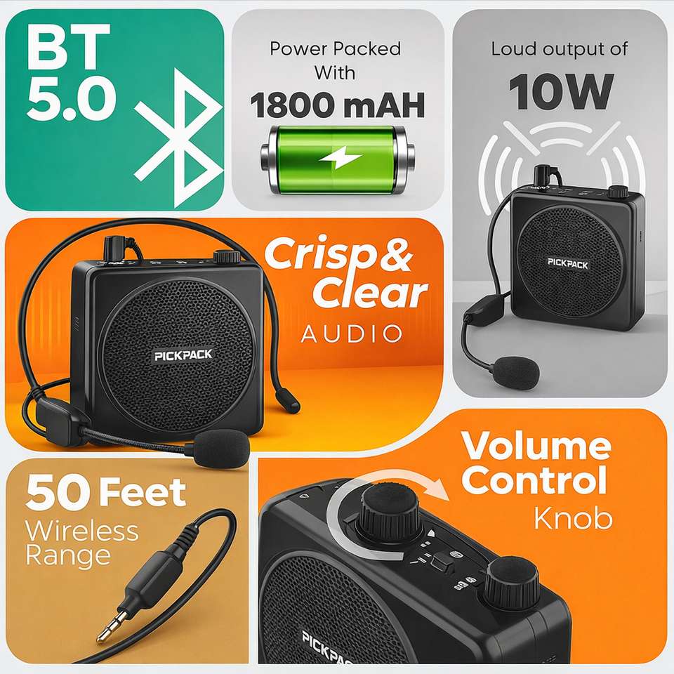 Primate Portable Voice Amplifier with Bluetooth & Wired Headset Mic for ...