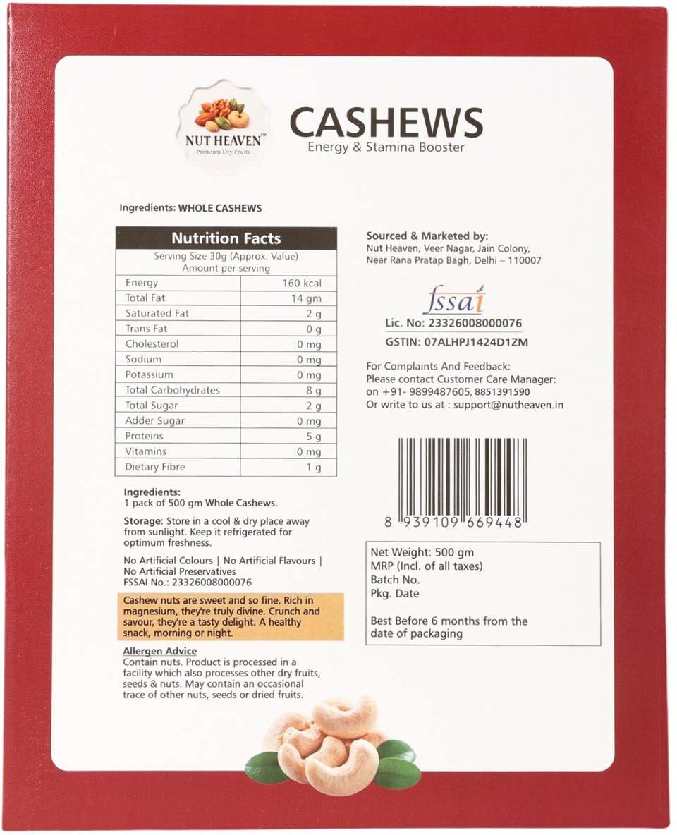 Nut Heaven Cashew Nuts 500 gm | Premium Whole Kaju Dry Fruits Cashews ...