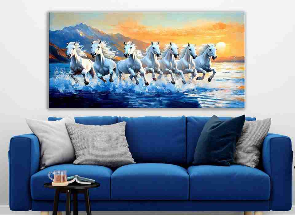 ShreyaArtss Seven Running Horses Canvas Painting. Big Wall Décor for ...