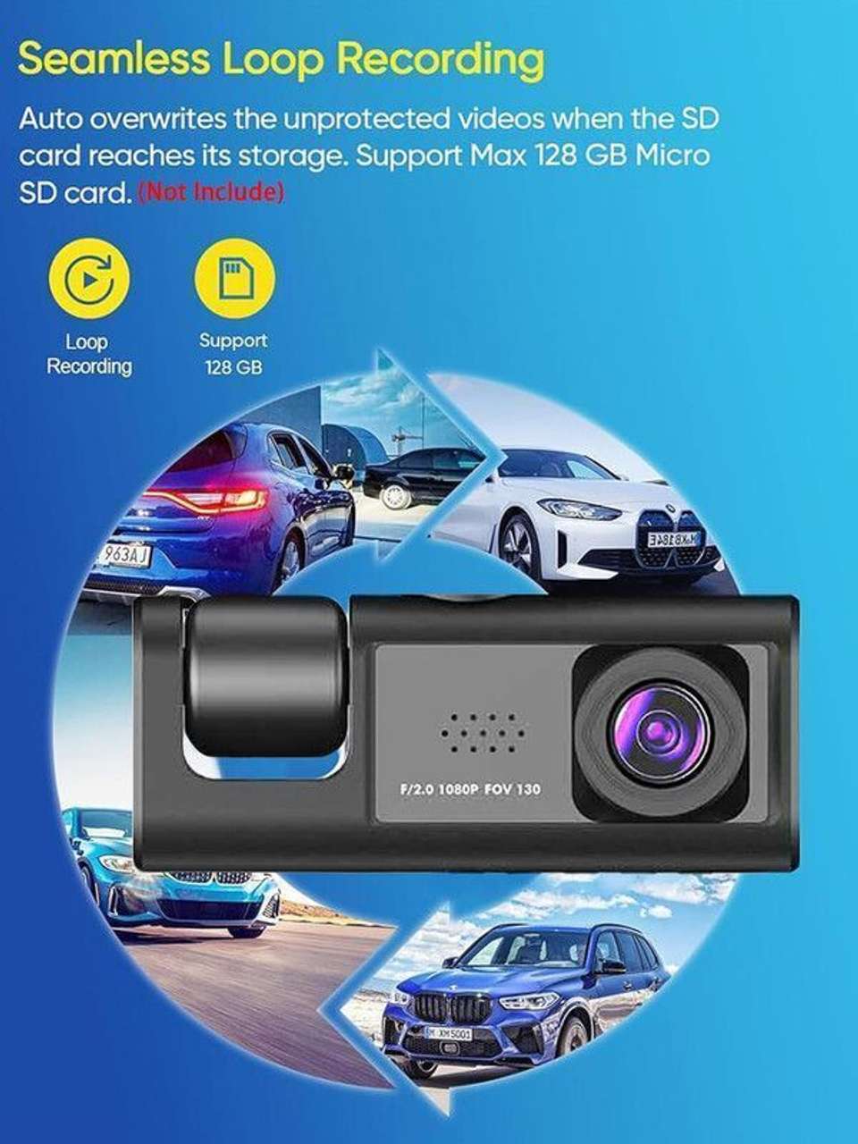 MOTOROYS Universal Dash Cam 3 Channel Front and Rear Inside Dash Camera ...