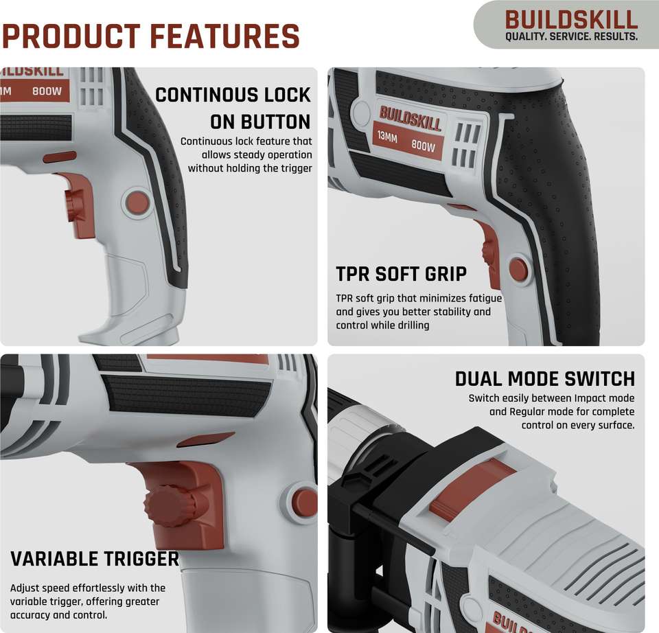 BUILDSKILL 800W impact power drill machine | 0-3000 RPM | keyless chuck ...
