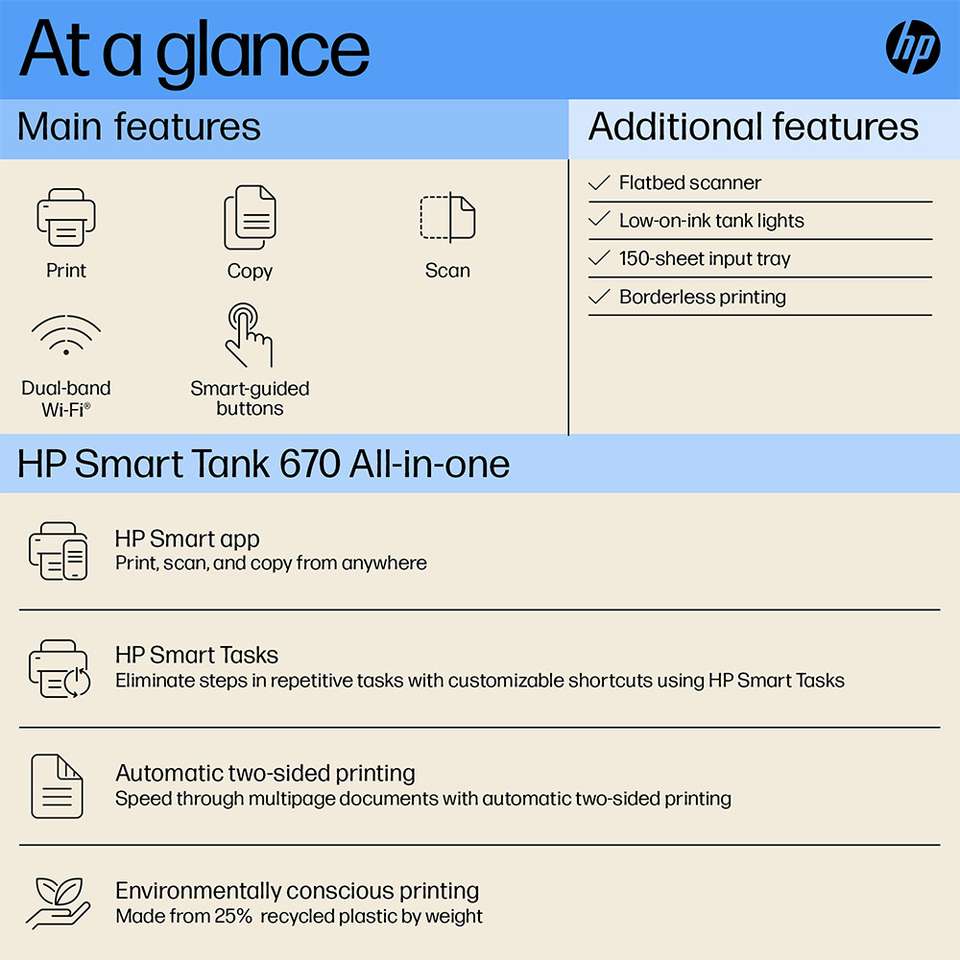 HP Smart Tank 670 All-in-One Multi-function WiFi Color Ink Tank Printer ...
