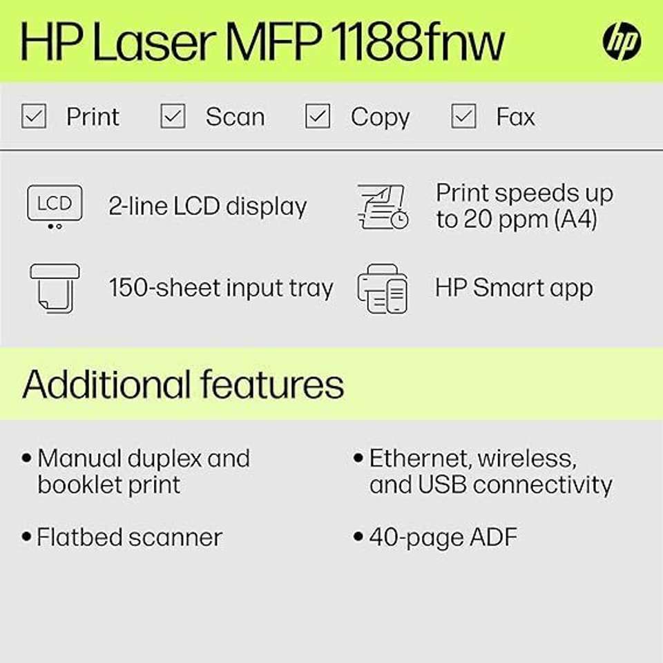 HP Laser MFP 1188Fnw, Wireless, Print, Copy, Scan, Fax, Monochrome ...
