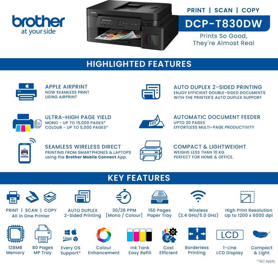 brother DCP-T830DW Multi-function WiFi Color Ink Tank Printer ...