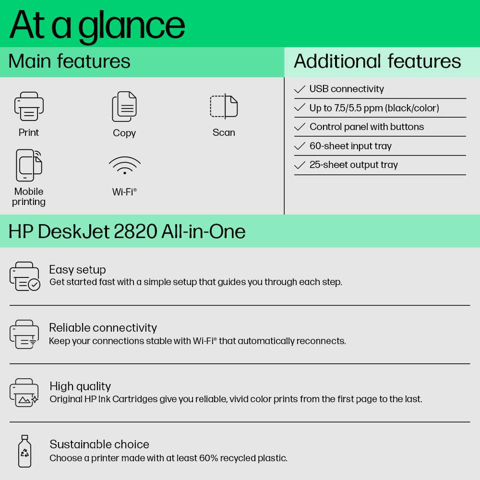 HP DeskJet 2820 All-in-One Multi-function WiFi Color Inkjet Printer for ...