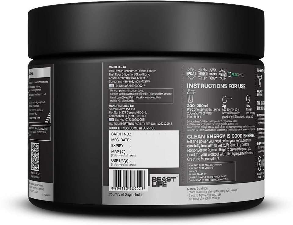 BeastLife Creatine Monohydrate | 33 Servings | NABL Lab Tested ...