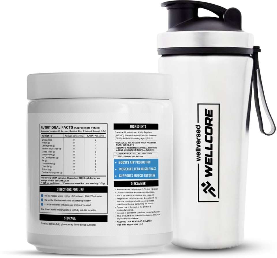 Wellcore Micronised Creatine Monohydrate + Steel Shaker | Trustified ...