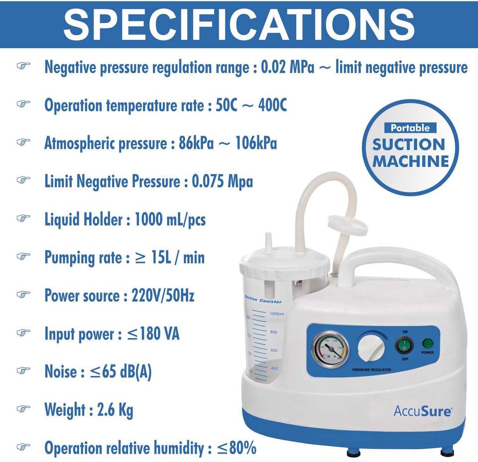 AccuSure Premium Electric Suction Machine Oil-Free Low Noise Single Jar ...