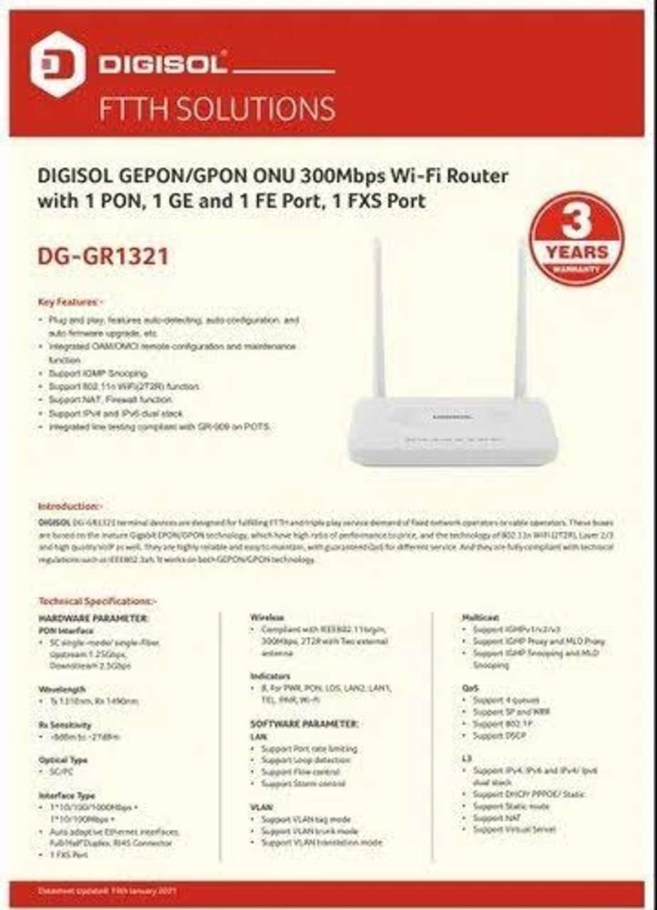 DIGISOL XPON ONU DG-GR1321 Wi-Fi Router with 1 PON, 1 GE & 1 FE Port, 1 ...