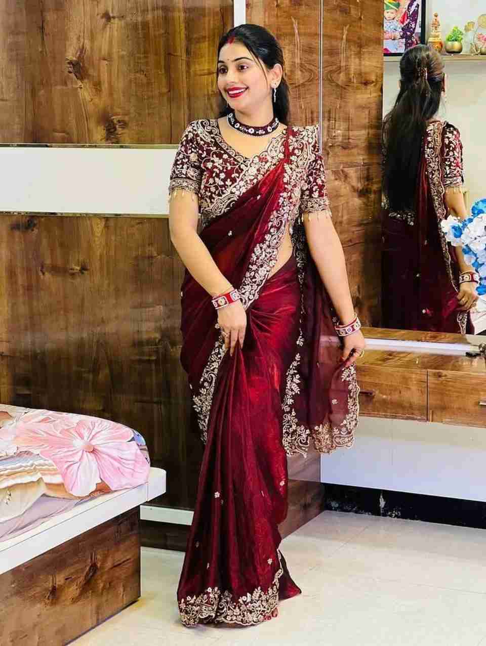 Buy sareezaatrendz Embroidered Bollywood Satin Maroon Sarees Online ...