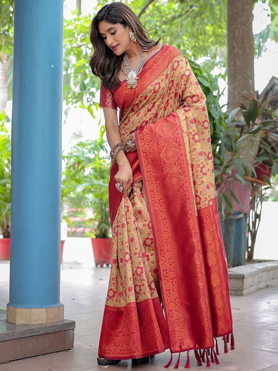 Buy ANOUK Woven Kanjivaram Silk Blend Beige Sarees Online @ Best Price ...
