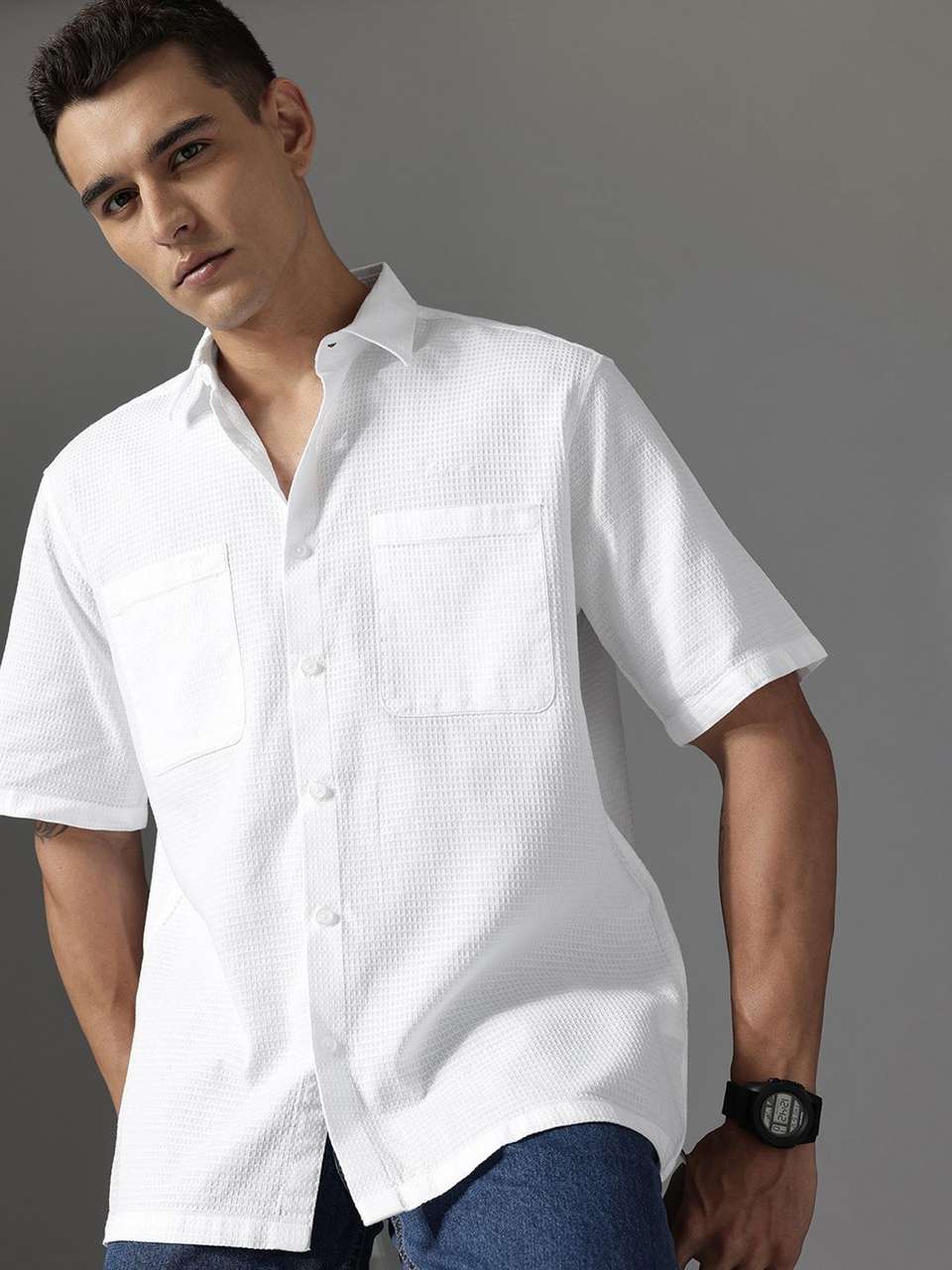 FCUK Men Self Design Casual White Shirt - Buy FCUK Men Self Design ...