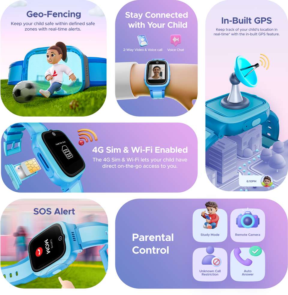 boAt Wanderer Smart Kids Watch w/2Way Video Call, GPS Tracker, SOS, Geo ...