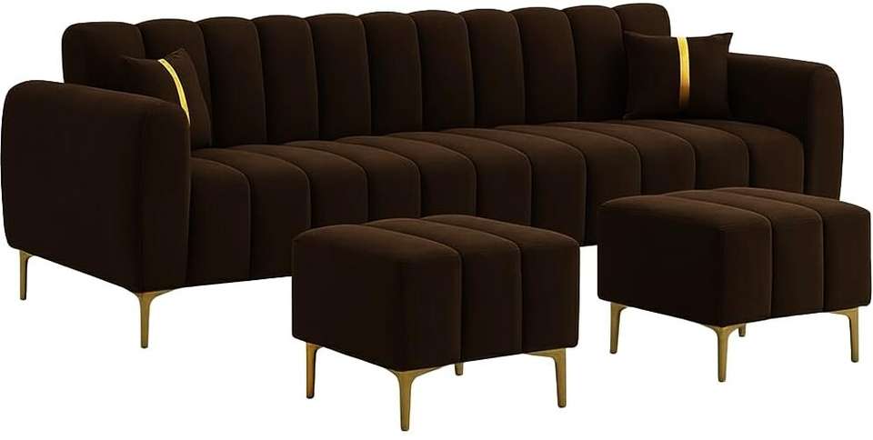 FURNY 3 Seater Modular L Shape Sofa Set with 2 Ottoman | Soft Velvet ...