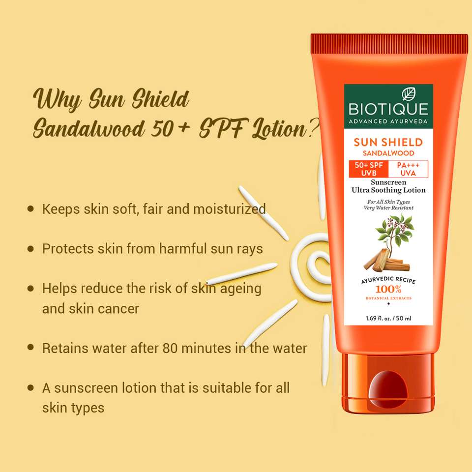 BIOTIQUE Sunscreen - SPF 50 PA+++ Sun Shield Sandalwood 50+SPF UVB ...