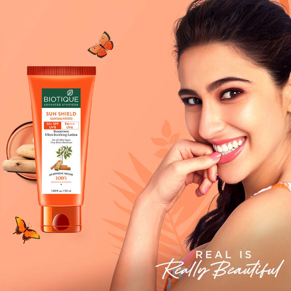 BIOTIQUE Sunscreen - SPF 50 PA+++ Sun Shield Sandalwood 50+SPF UVB ...