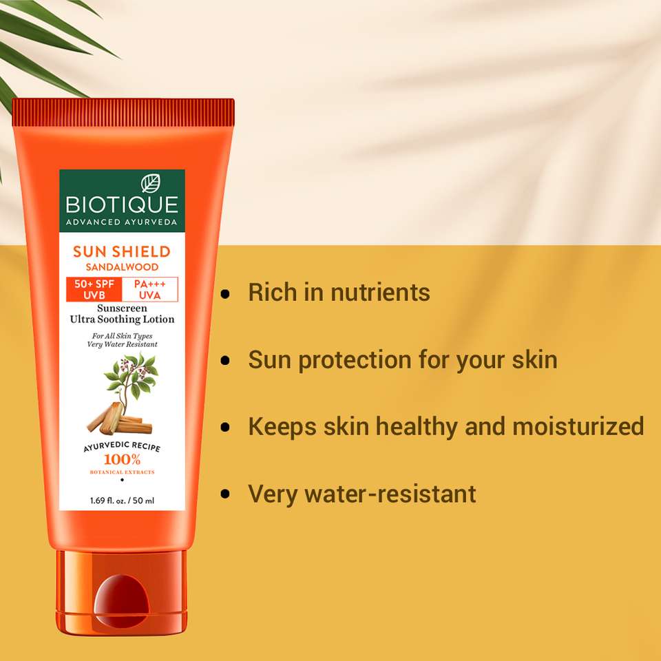 BIOTIQUE Sunscreen - SPF 50 PA+++ Sun Shield Sandalwood 50+SPF UVB ...