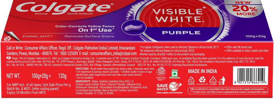 Colgate Visible White Purple Toothpaste, Color-Corrects Yellow Tones on ...