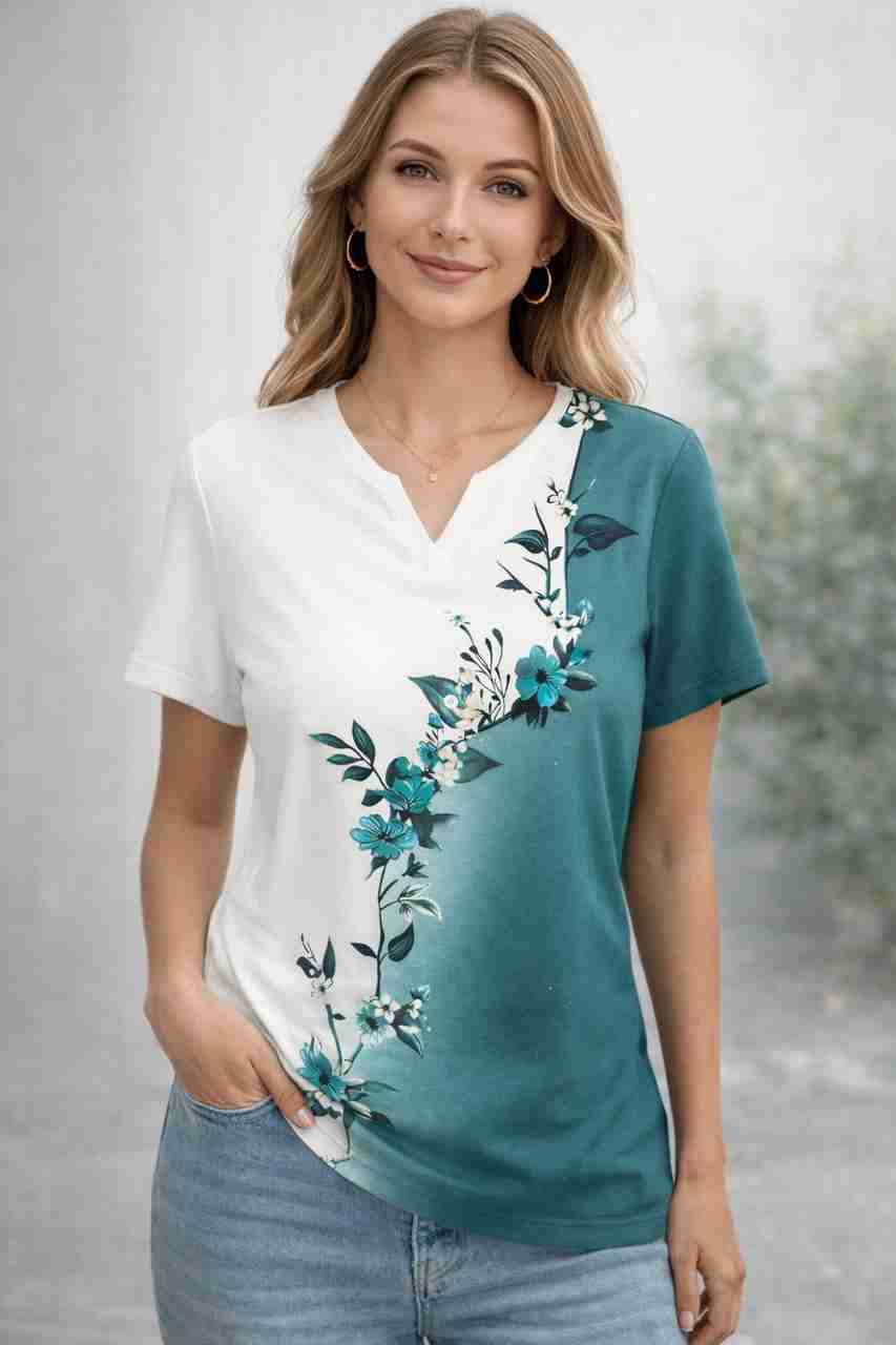 LOMOOFY Casual Floral Print, Color Block Women White, Dark Green Top ...