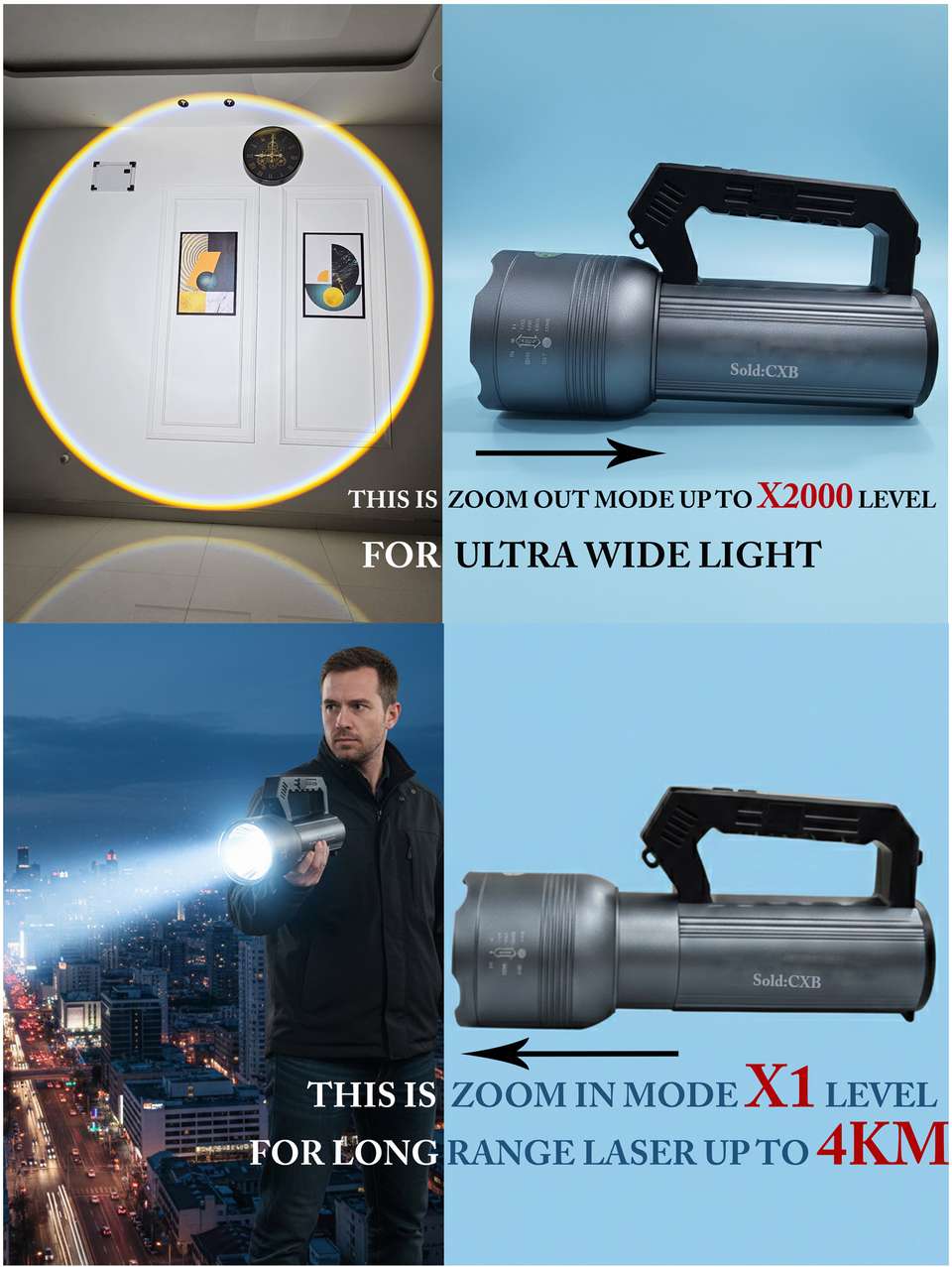 CXB 4 KM Long Range Laser LED 200W Metal Body Jumbo Kisan Torch + Power ...