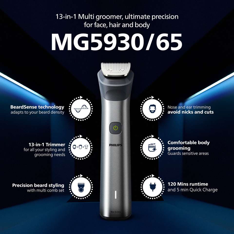 PHILIPS MG5930/65, 11 in 1 Multigroomer, Patented Beardsense Tech ...