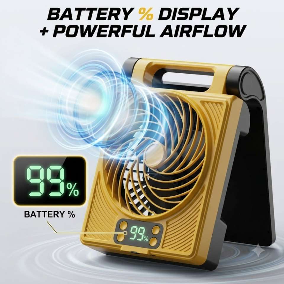 DRUMSTONE Portable Rechargeable Table Fan with Digital Battery Display ...