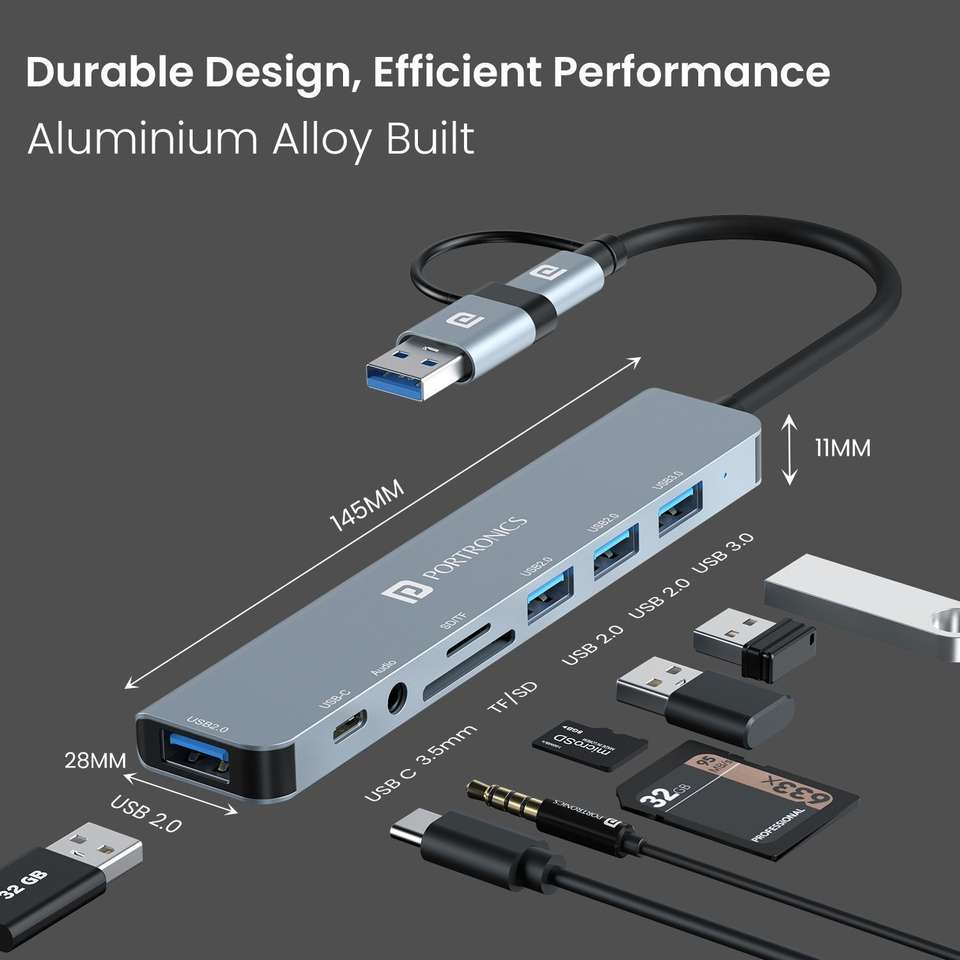 Portronics Mport 8 Plus Dual Hub (Type C & USB, 8-in-1) with AUX, USB ...