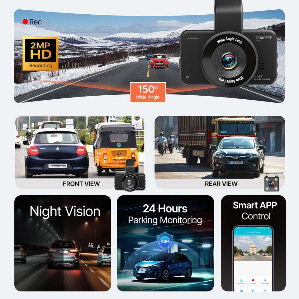 CrossBeats RoadEye DC02 2K FHD Dual Dashcam with Night Vision|ADAS|150 ...