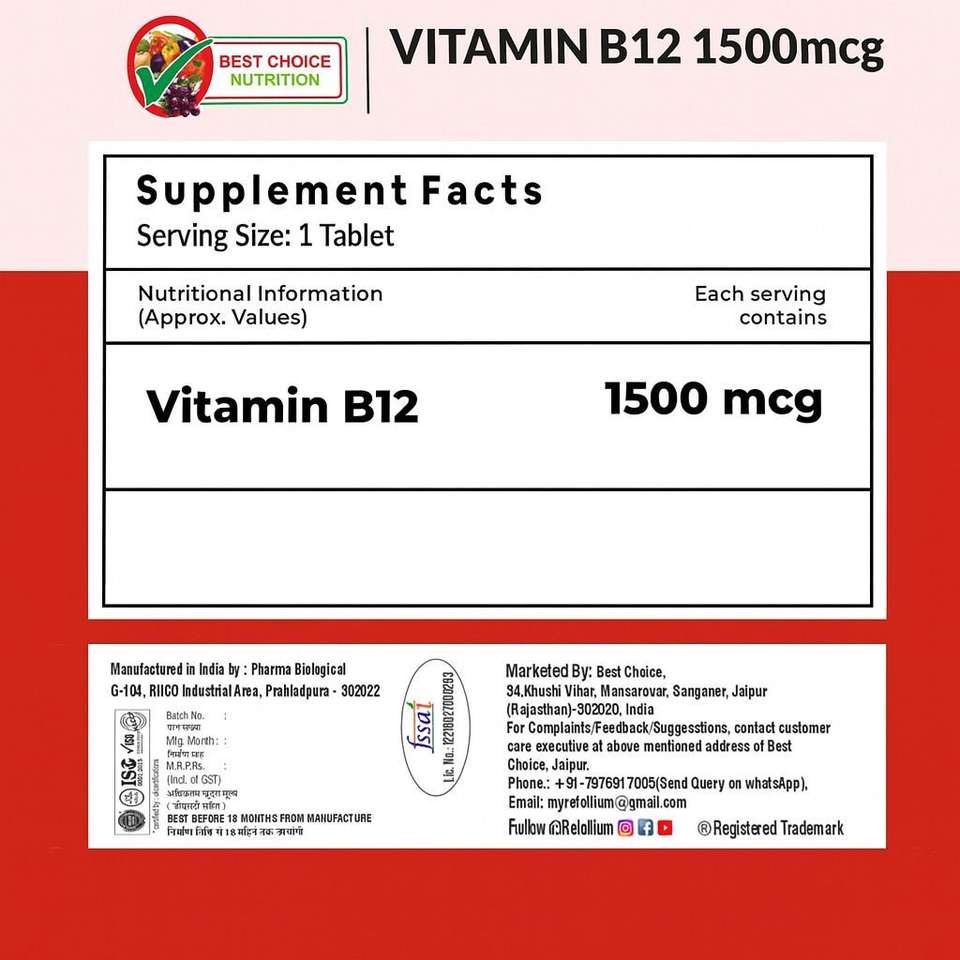 BEST CHOICE NUTRITION Methylcobalamin Vitamin B12 Tablets Supplement ...