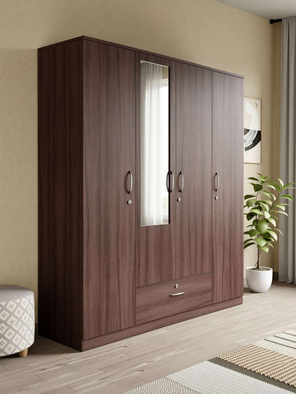 Godrej Interio Ewa with Mirror Engineered Wood 4 Door Wardrobe Price in ...