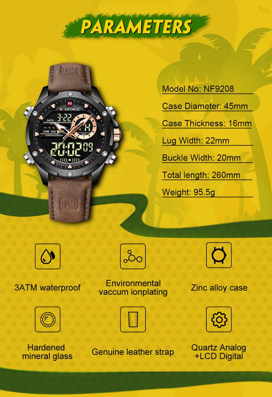 NAVIFORCE 9208 Luxury Fashion Genuine Leather Quality Calendar LCD ...
