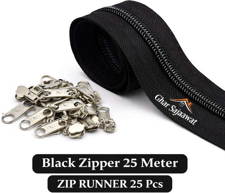 Ghar Sajaawat 25 Meter Black Nylon Zipper Size 1 Inch / 25 MM with 25 ...