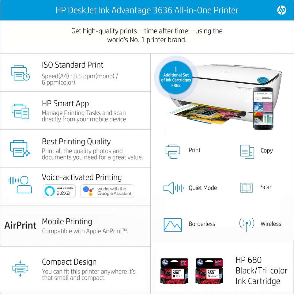 HP DeskJet Ink Advantage 3636 Multi-function WiFi Color Printer with ...