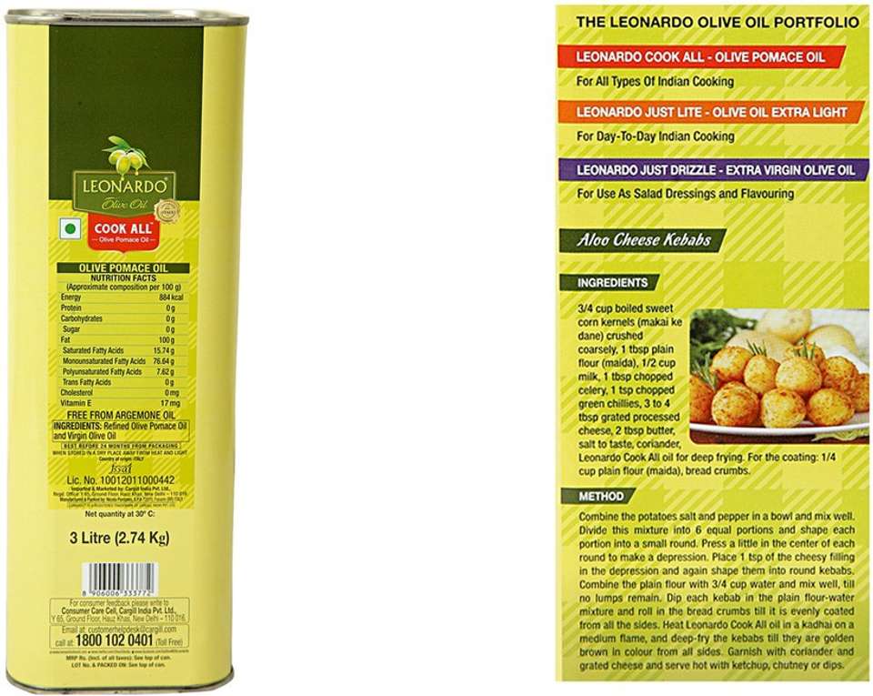 LEONARDO Pomace Oil Tin, 3 L Olive Oil Jar Price in India - Buy ...