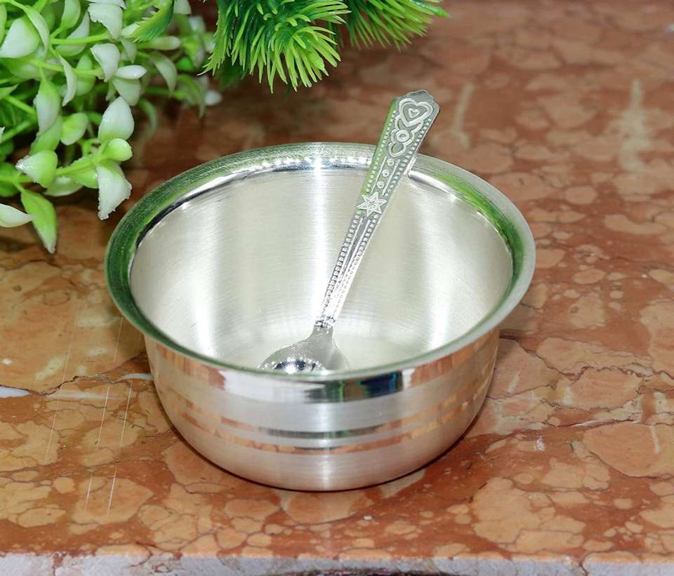 Kashvi Luck Pack of 2 Silver Pure Silver Bowl Spoon Set for Baby/Kids ...