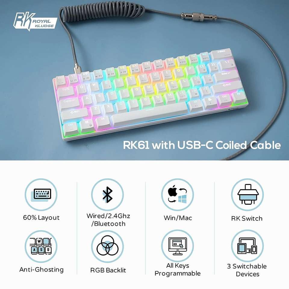 RK ROYAL KLUDGE RK61 Wireless White Wireless, Bluetooth, Wired USB ...