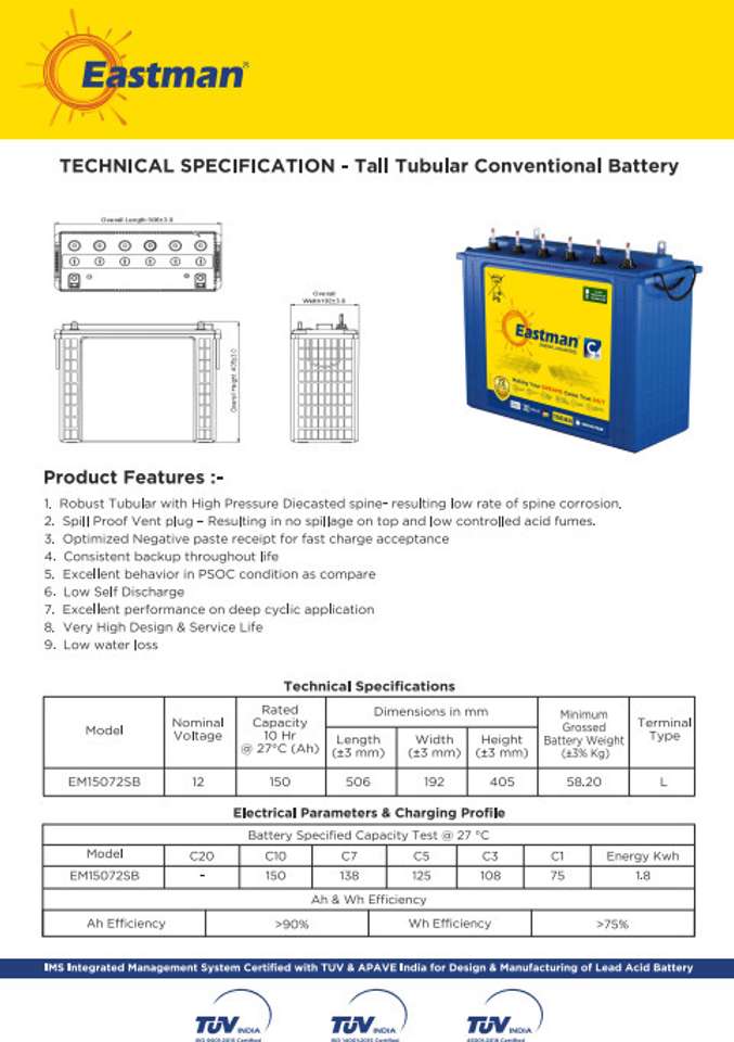 EASTMAN 150AH Flooded Solar Battery Price in India - Buy EASTMAN 150AH ...