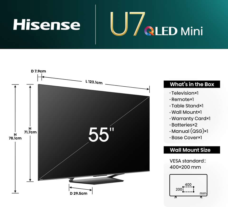 Hisense U7N 139 cm (55 inch) Ultra HD (4K) Mini LED Smart VIDAA TV with ...
